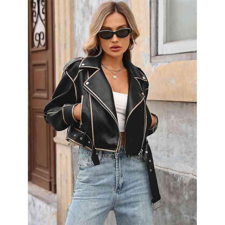 Vintage Style Women Crop Leather Jacket Slim Fit Casual Chic Streetwear ...