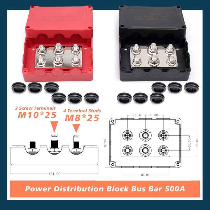 Heavy Duty 500A Power Distribution Block Bus Bar with 4*5/16"(M8)+2*3/8"(M10) Studs 48V DC with ...