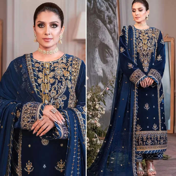 Elegant Navy Blue Pakistani suite Embroidered Luxury Ensemble by Zaha ...