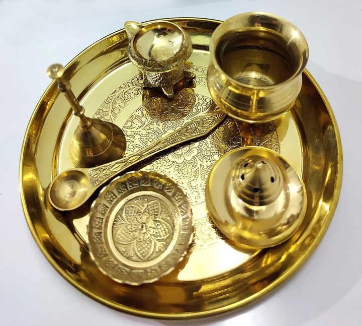 Brass Puja Thali Set Puja Lota Spoon Hand Bell Small Diya Flower Bowl ...