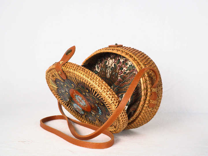 Wholesale Bali Rattan Bag with Batik Painted Decoration on Top, Daily ...