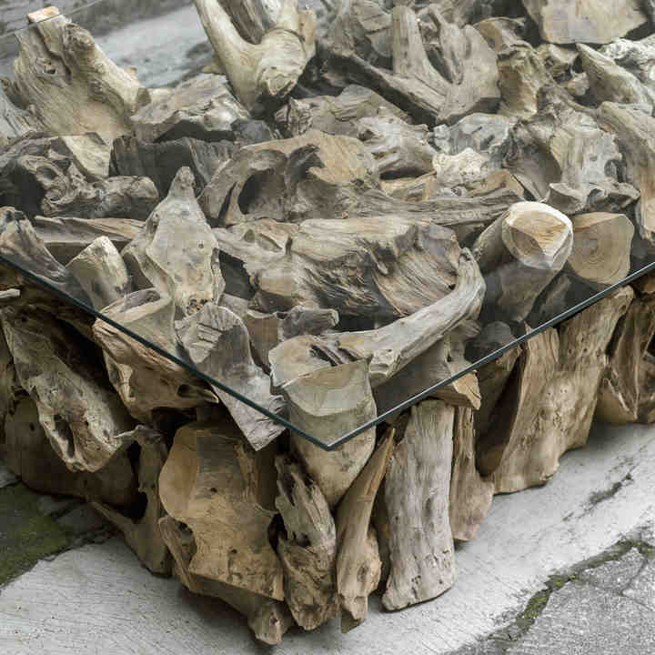 Solid Teak Root Coffee Table with Glass Top - Living Room