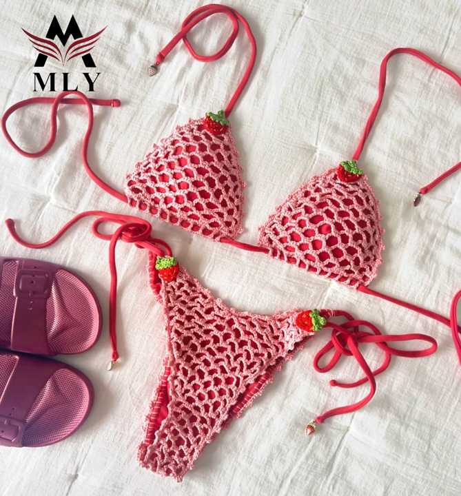 New Design Strawberry Mesh Triangle Two Piece Bikini Set