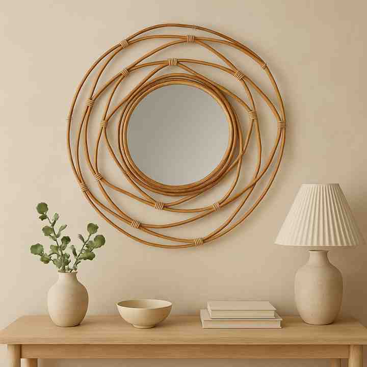 Distinctive Retro Style Bamboo Rattan Framed Wall Mirror Characterful ...
