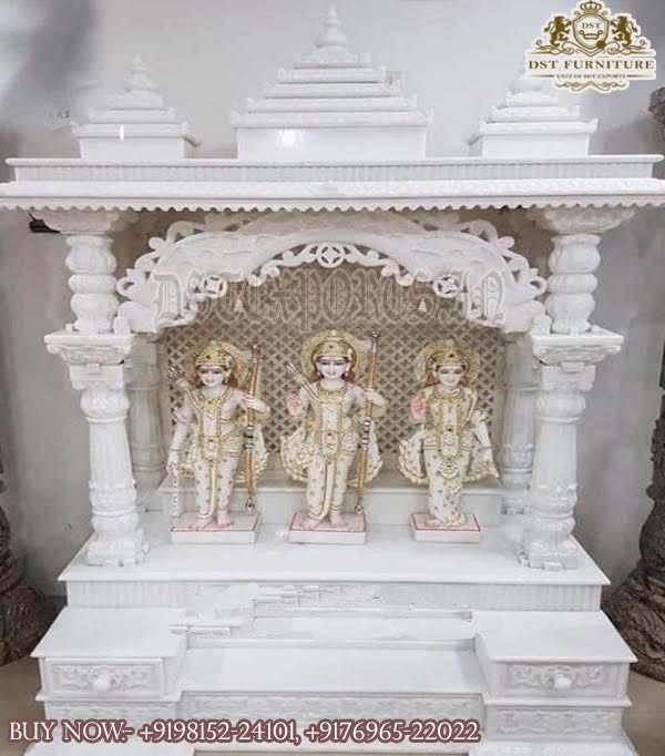 Modern White Mandir Design with Spacious Cabinets