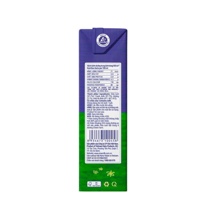 Vinamilk Green Farm - UHT Fresh Milk - Less Sugar - High Quality