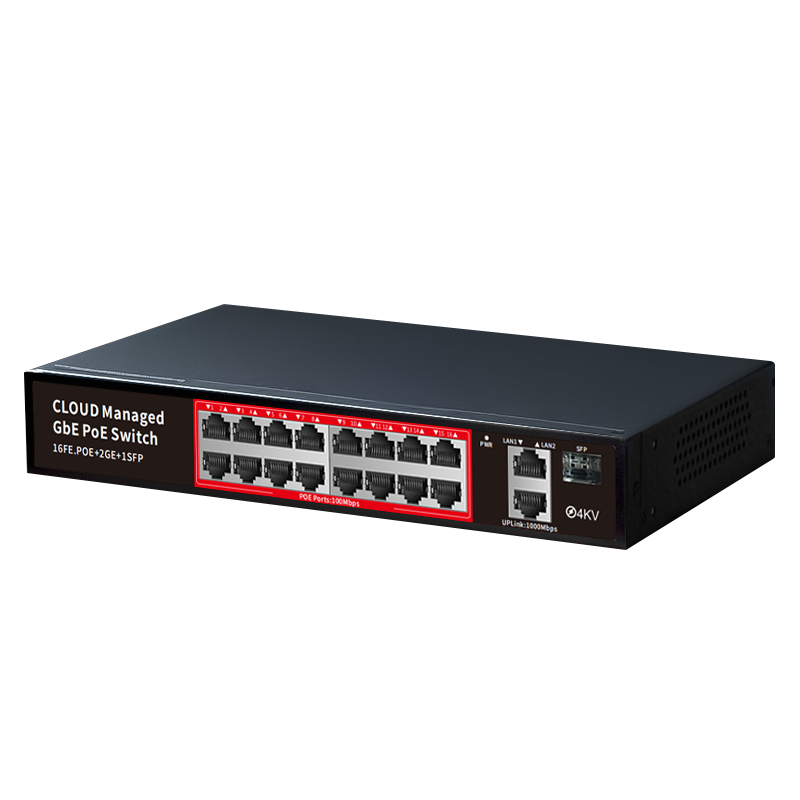 Smart AI Cloud Managed PoE Switch 16 Ports 100Mbps + 2 Ports Gigabit ...