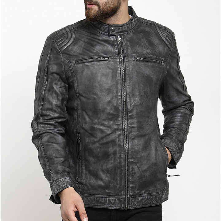 Casual Inside Tow Pockets Leather Jacket Stand Collar Unique Design ...