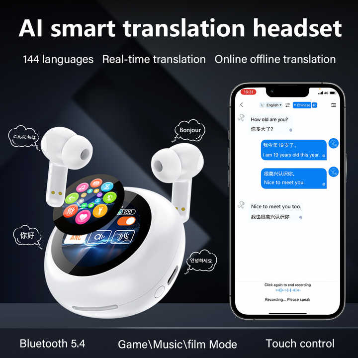 Two-Way AI Translation LCD Earbuds 144 Languages Noise Cancelling TWS ...