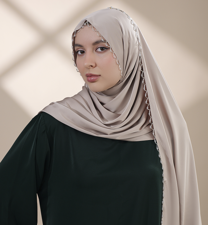 Beaded Diamond Hem Satin Hijab Baby Seam Plain Muslim Head Scarf Shawl ...