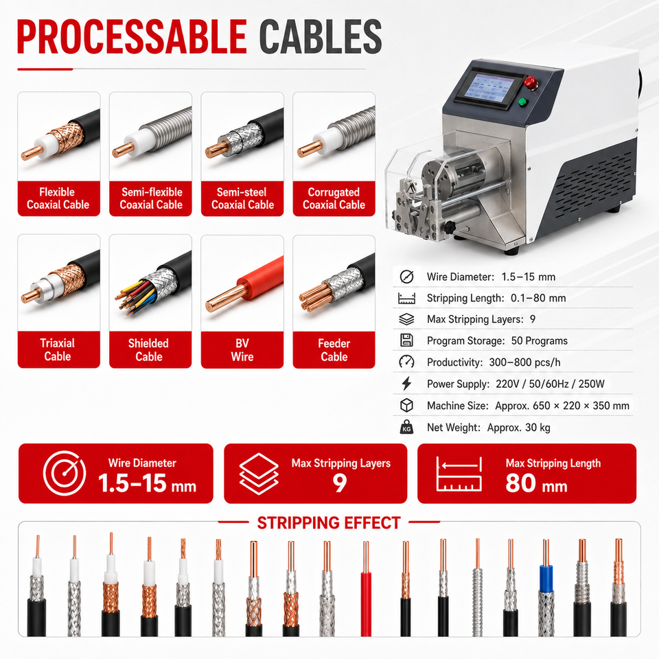 MD-8015 Coaxial Cable Stripping Machine 1.5-15mm 9 Layers 80mm RF RG ...