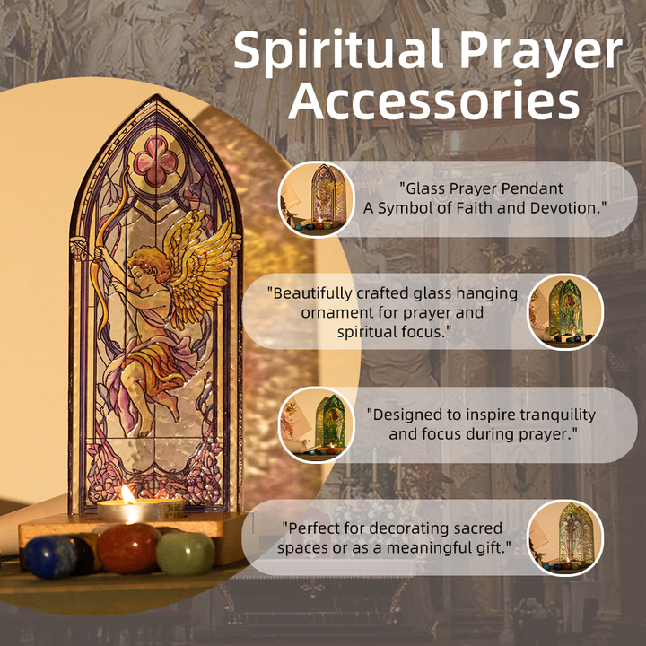 Wooden Base Spiritual Healing Candle Holder with Stained Glass Angel ...