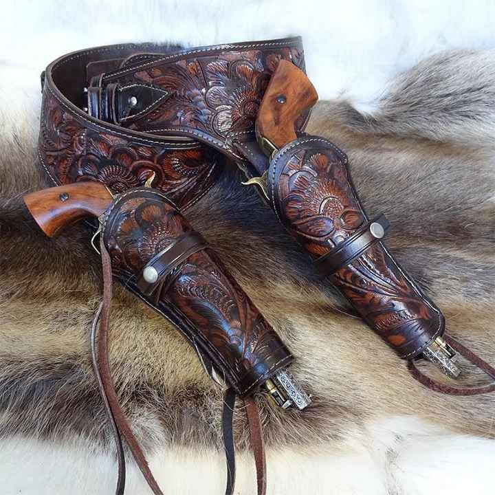 Premium Full Grain Tooled Leather Western Gun Belt & Holster