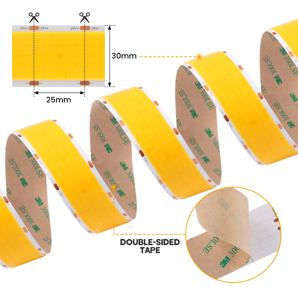 30MM PCB COB LED Strip Light 24V 3000K 4000K 6000K RA90 1600LEDs/m ...