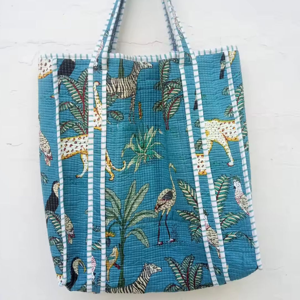 Indian Hand-Block Printed Quilted Cotton Tote Shopping Bag Winter Multi ...