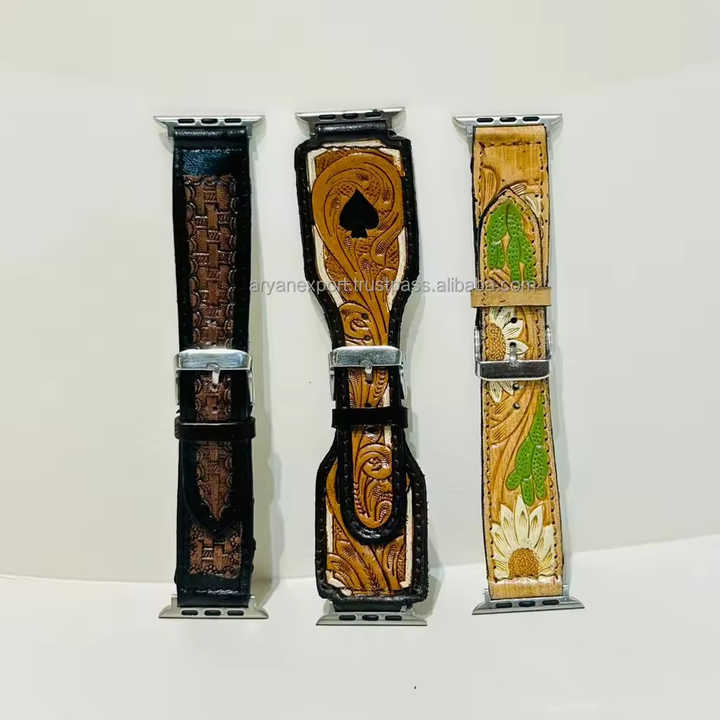 Stylish Handmade Carved Leather Watch Strap Real Hand Tooled Customized ...