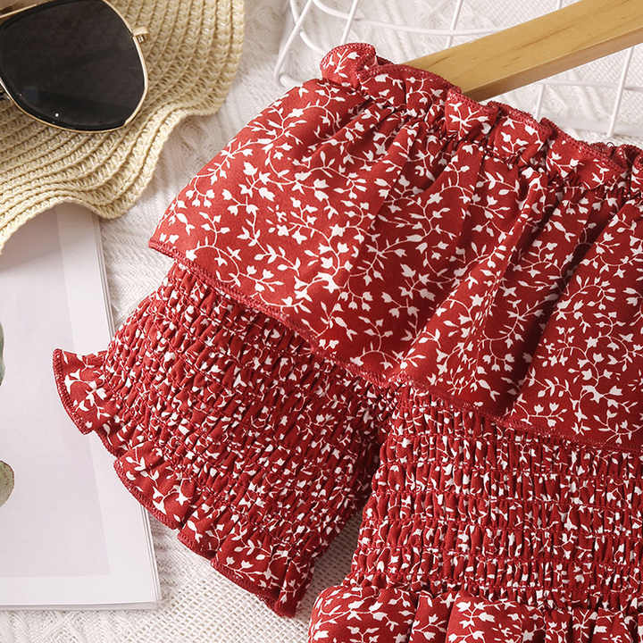 Cute Square Collar Puff Sleeve Kids Frock Red Cotton