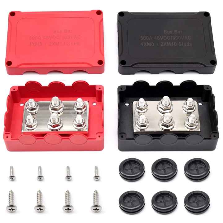 Heavy Duty 500A Power Distribution Block Bus Bar with 4*5/16"(M8)+2*3/8"(M10) Studs 48V DC with ...