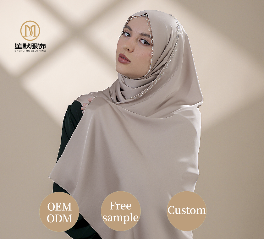 Beaded Diamond Hem Satin Hijab Baby Seam Plain Muslim Head Scarf Shawl ...