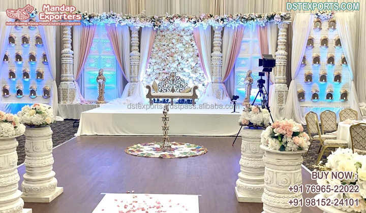 Hindu Wedding Open Mandap Cum Stage Set White Theme Temples for Wedding ...