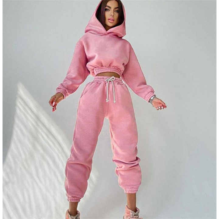 Latest Style Women's Tracksuits Pink Hooded Crop Top Workout Trouser 2 ...