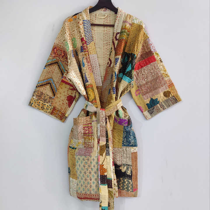 Cotton Silk Kantha Robe - Beige Double Layer Patchwork