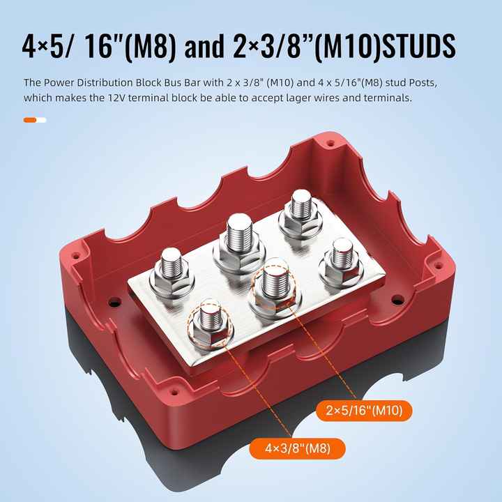 Heavy Duty 500A Power Distribution Block Bus Bar with 4*5/16"(M8)+2*3/8"(M10) Studs 48V DC with ...