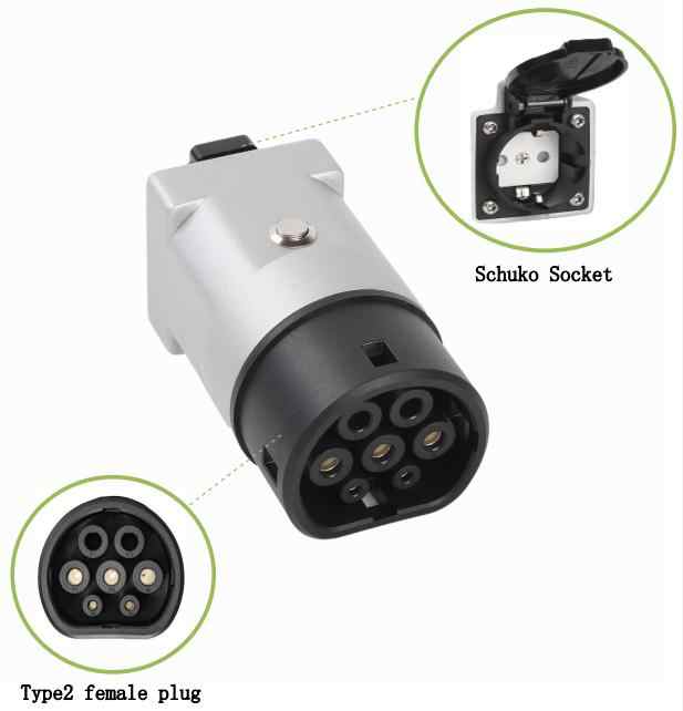 Portable Type 2 Plug to Schuko Socket Charging Adapter