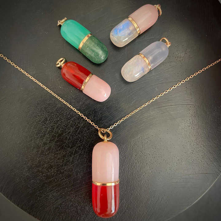 Natural Gemstone Capsule Pendant, Hand Carved Gemstone Capsule Gold ...