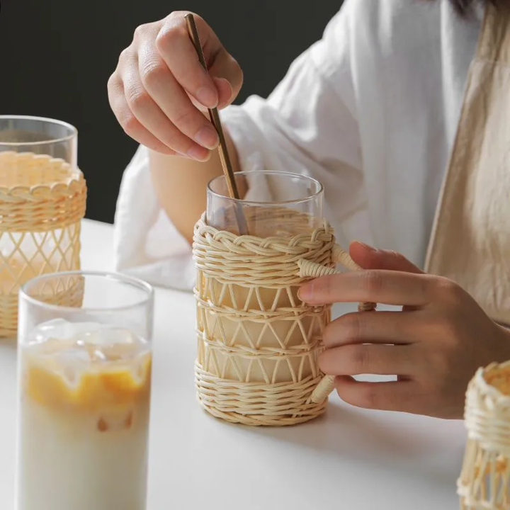 Glass Drinking Cup with Rattan Woven Handle - Sustainable Table Ware