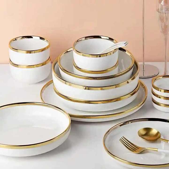 Luxury White Gold Rimmed Porcelain Ceramic Dinner Plates