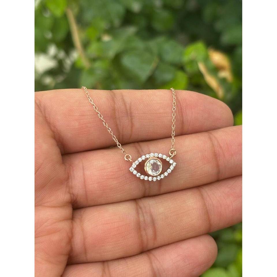925 Silver Evil Eye Moonstone Pendant Necklace Gold Plated Religious ...