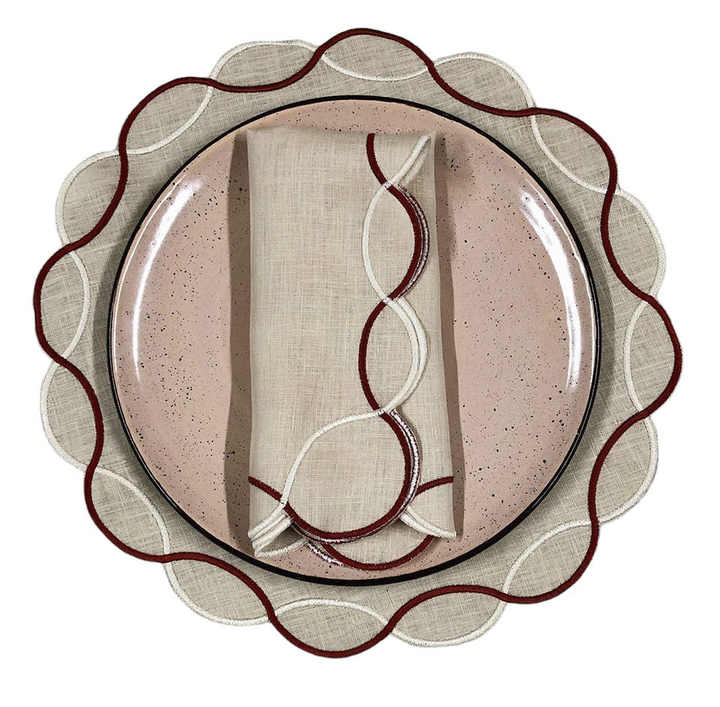 Embroidered Scalloped Border Natural Linen Round Placemat & Napkin Set ...