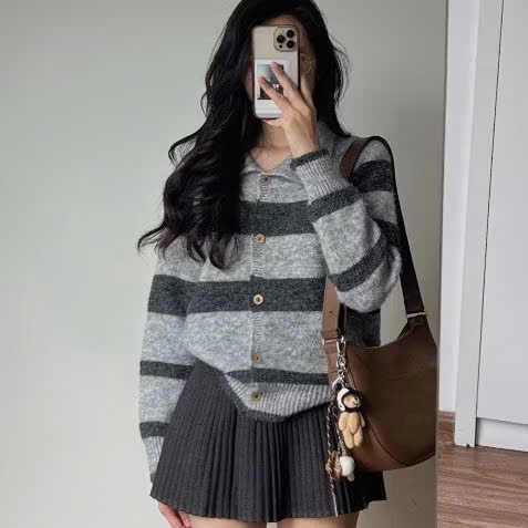 Women's Korean Style Striped Knit Cardigan Sweater Polo Collar Long ...