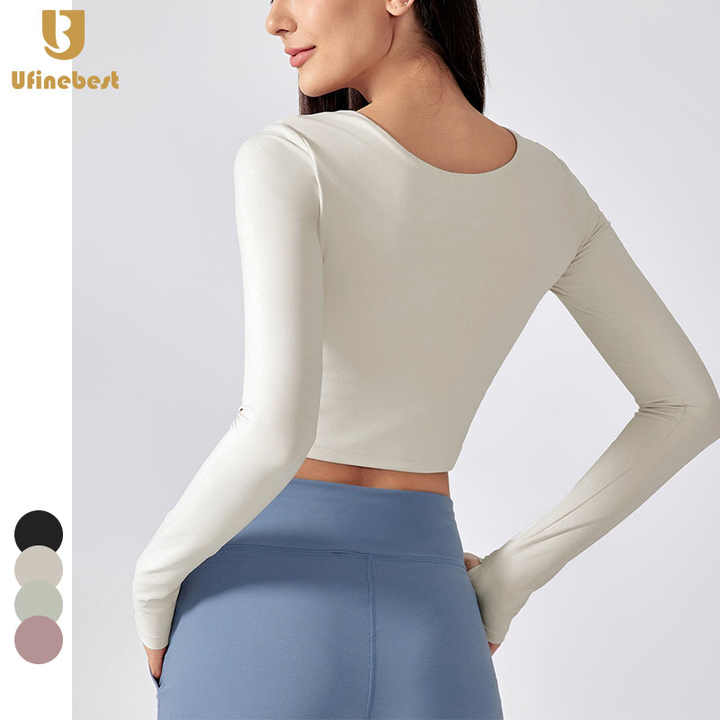 Women's Custom Logo Gym Clothing-Long Sleeve Fitness Shirt with Thumb Hole Fixed Pads Short ...