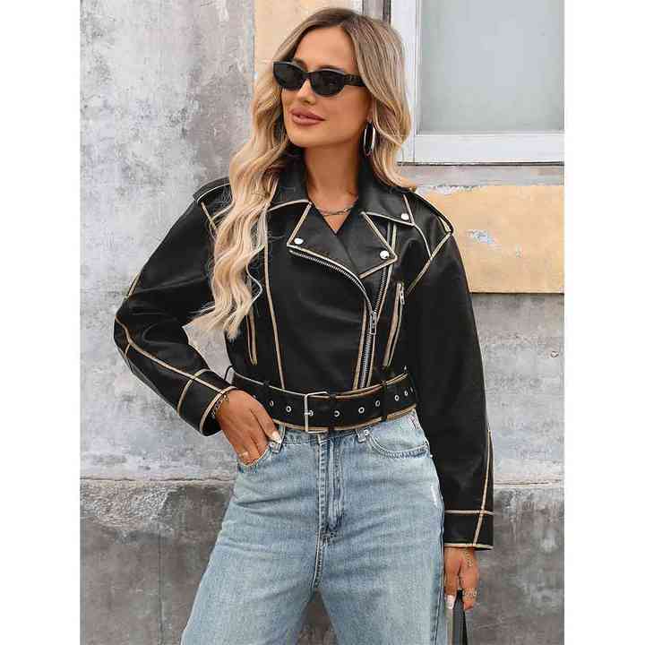 Vintage Style Women Crop Leather Jacket Slim Fit Casual Chic Streetwear ...
