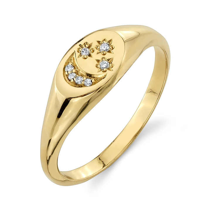 Smiley Face Moon & Star Design Diamond Signet Ring - 10k, 14k, 18k Gold