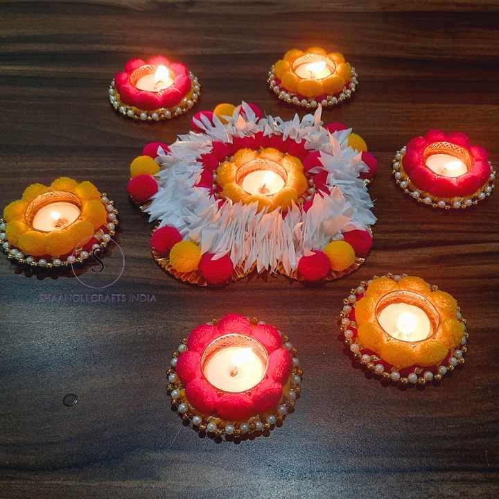 Pom Pom Tea Light Holder Diya Decorated with Artificial Flowers & Tea ...