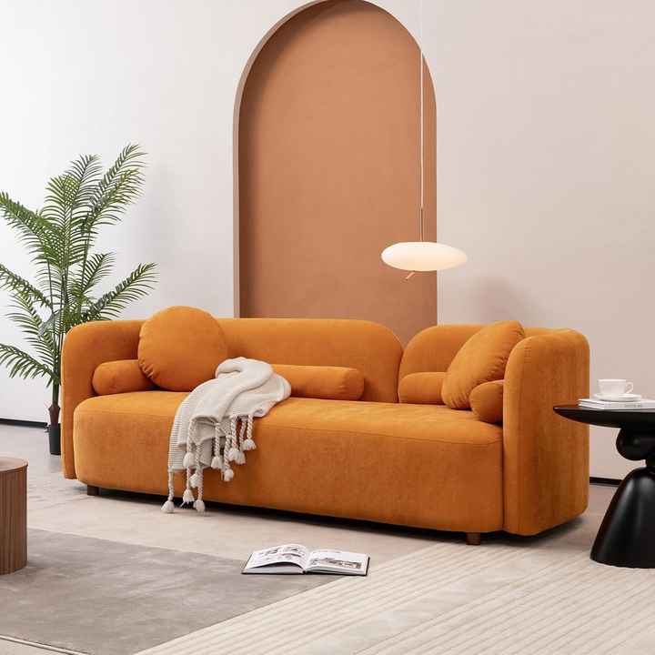 Orange Pellet Velvet Fabric Upholstered Couch 3 Seater Modern Curved ...