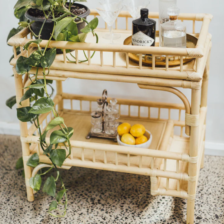 Handcrafted Natural Chic Rattan Bar Cart Tray Trolley