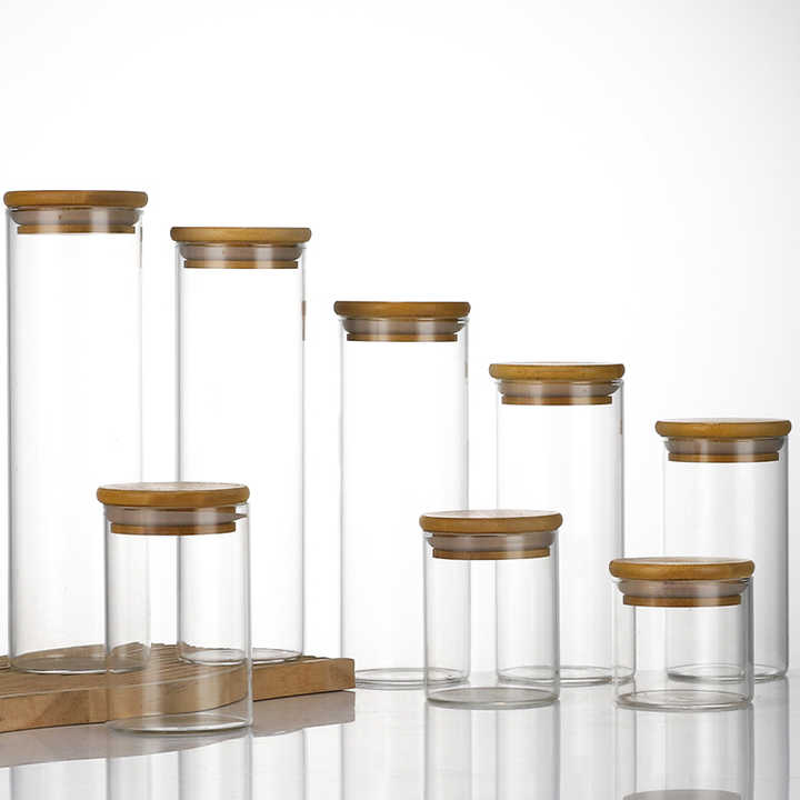300ml Borosilicate Glass Cylinder Jar With Bamboo Lid for Kitchen ...