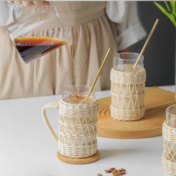 Glass Drinking Cup with Rattan Woven Handle - Sustainable Table Ware
