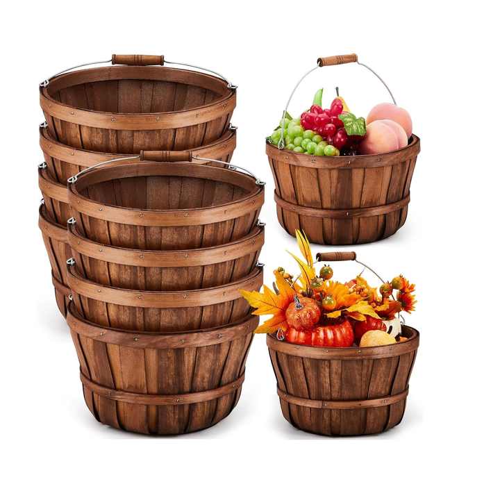 11'' X 6.5'' Large Round Wooden Fruit Buckets with Handle Portable ...