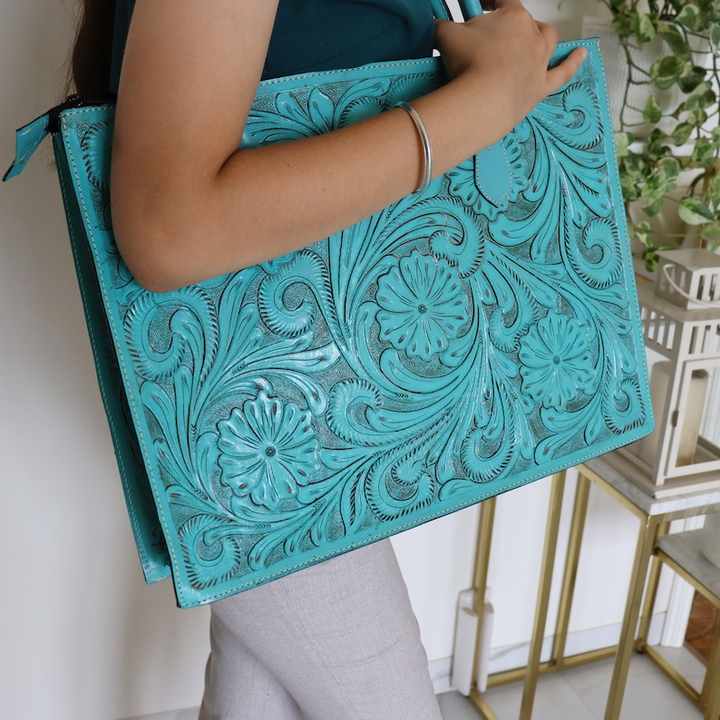 Tooled Curved Turquoise Vintage Leather Tote Bag Western Curving ...