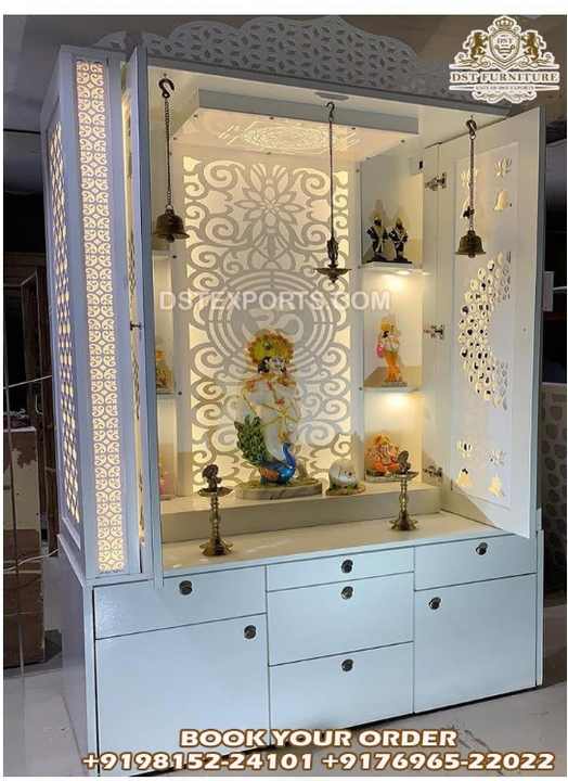 Modern White Mandir Design with Spacious Cabinets