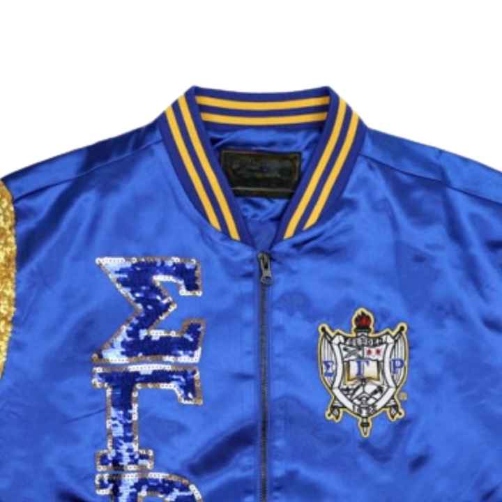 Sigma Gamma Rho SGRho Sequin Bomber Jacket Blue Gold Sleeves Greek ...