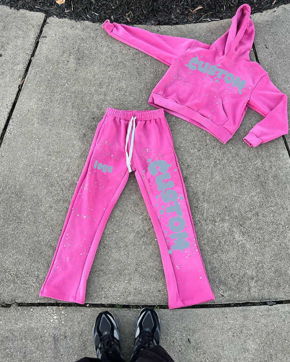 Custom Print Logo Stacked Sets Sweat Suits Men's Flare Pants