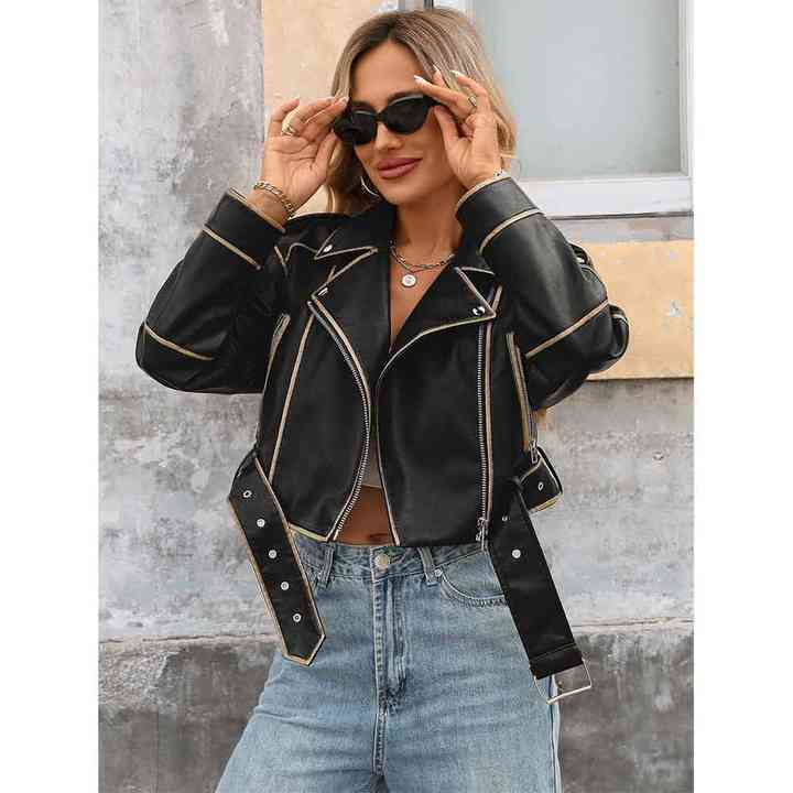 Vintage Style Women Crop Leather Jacket Slim Fit Casual Chic Streetwear ...