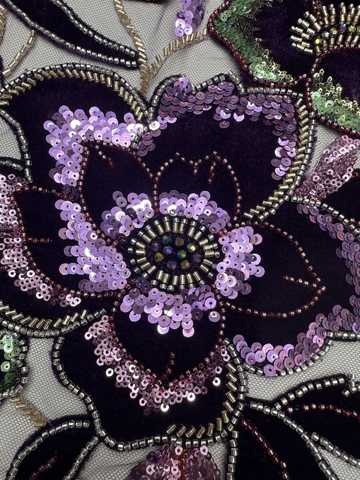 Luxury Purple Embroidered Lace Warp Knitted Plain Mesh Fabric Exquisite ...