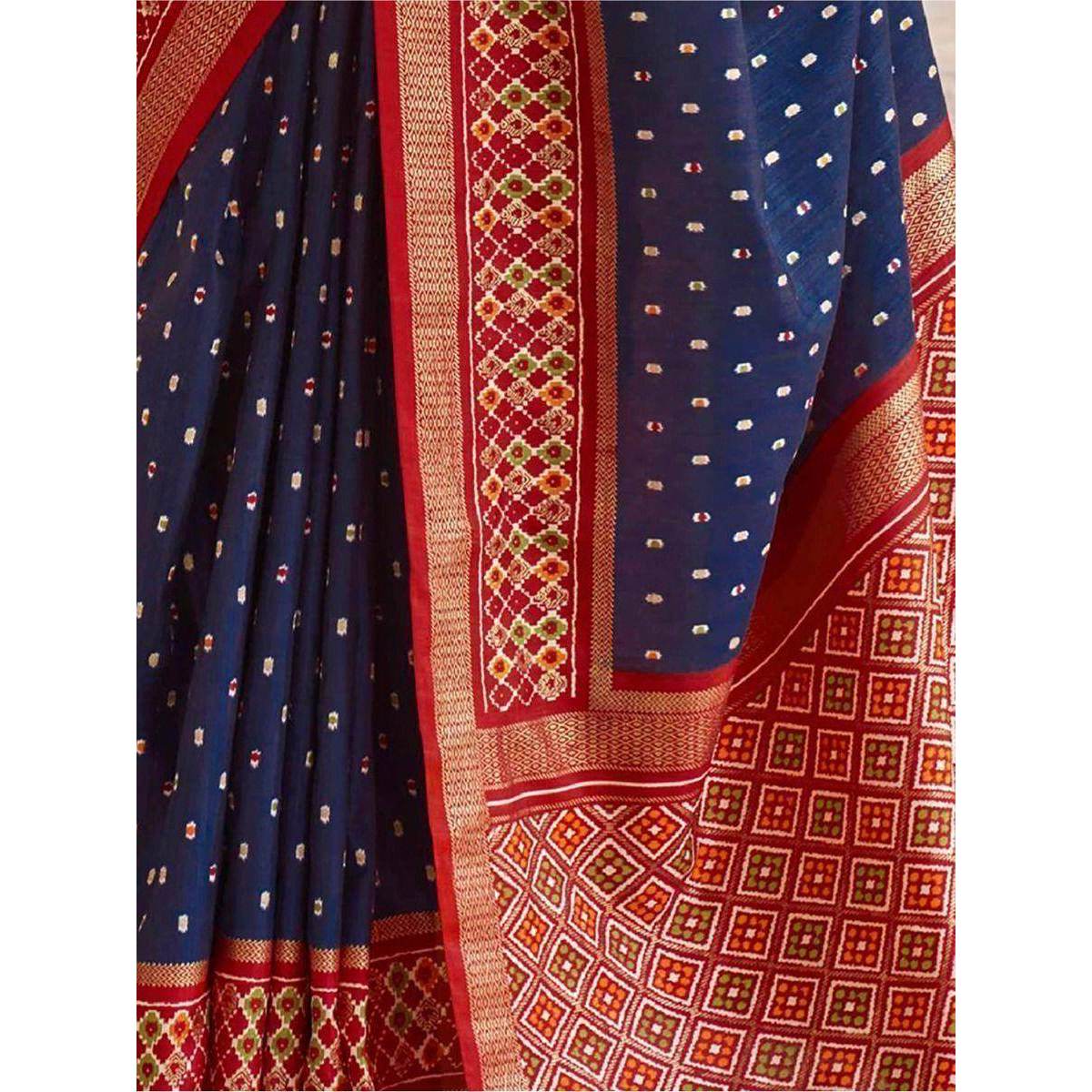 Elegant Navy Blue Sari - Handloom Tussar Silk for Weddings